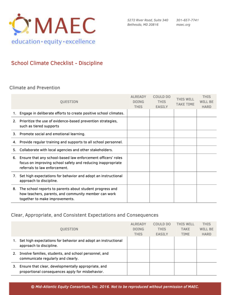 School Climate Checklist – Discipline – SEL Center